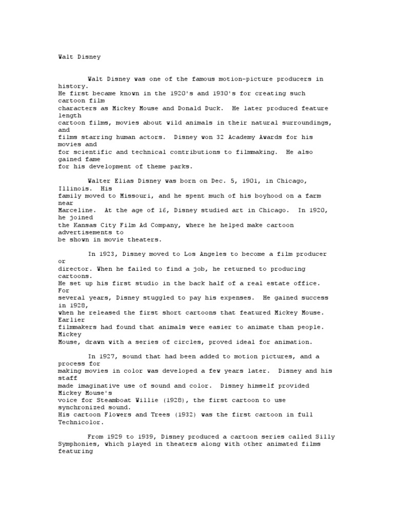 Walt Disney Essay | PDF | Walt Disney | The Walt Disney Company