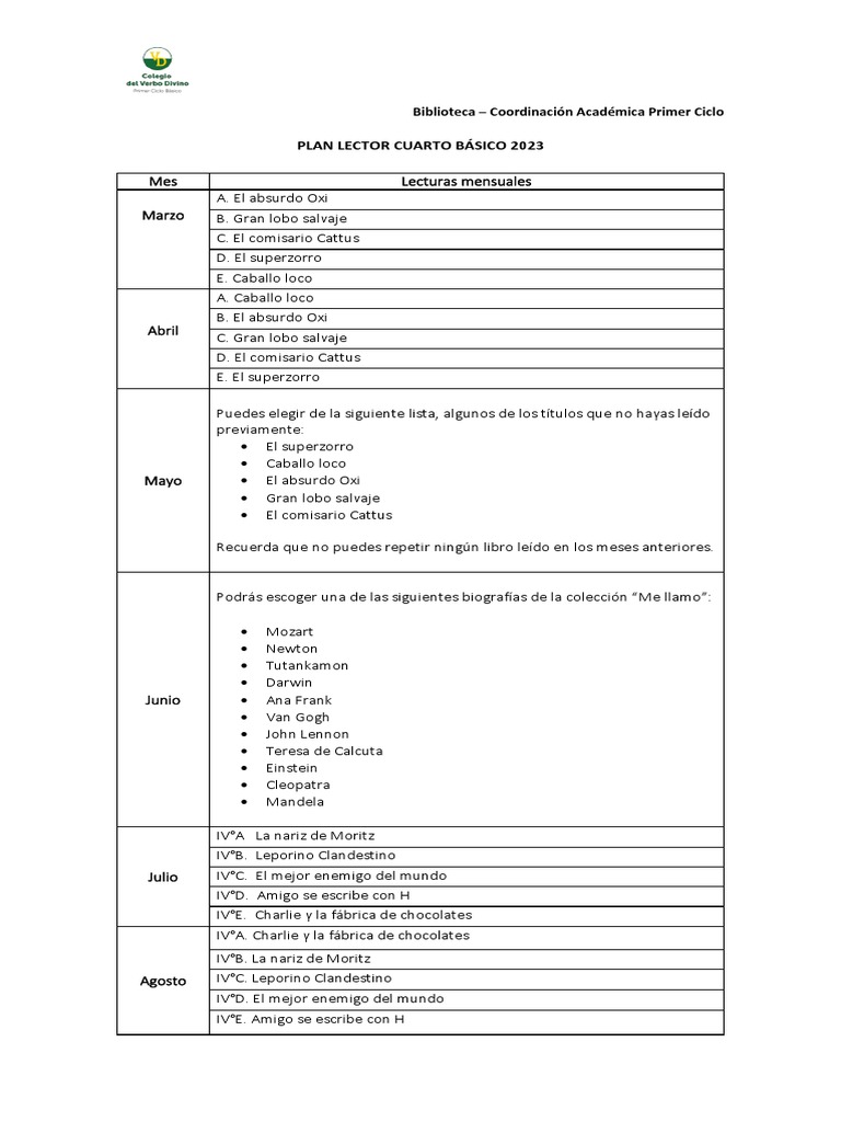 Plan Lector 4 Básico 2023 - PDF | PDF