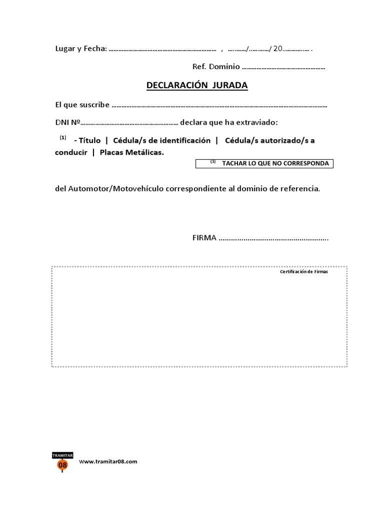 DDJJ Extravio Título Cédula Azules y Placas | PDF