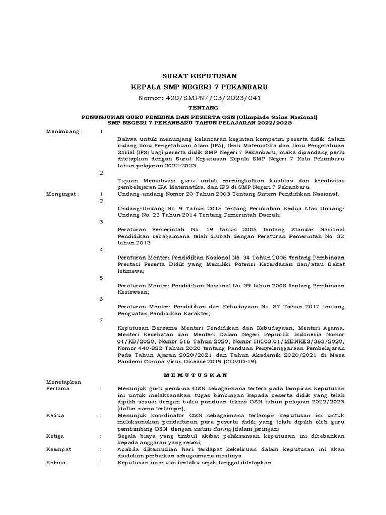 SK Pembina Dan Peserta OSN 2023 | PDF