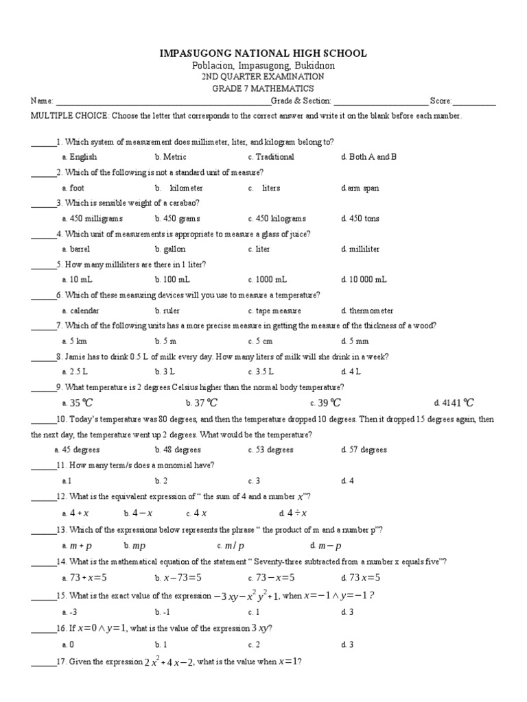 2ndQUARTER EXAMINATION | PDF | Subtraction | Litre