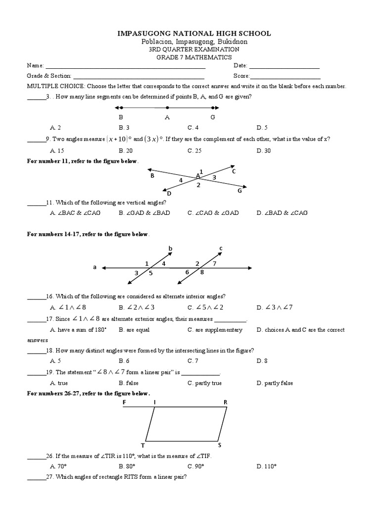 Grade 7 Geometry Exam Review | PDF | Angle | Triangle