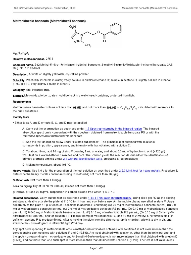 Metronidazole Benzoate Specs | PDF | Solubility | Chromatography