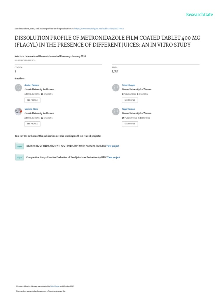 Metronidazole Tablet Dissolution Study | PDF | Chemistry
