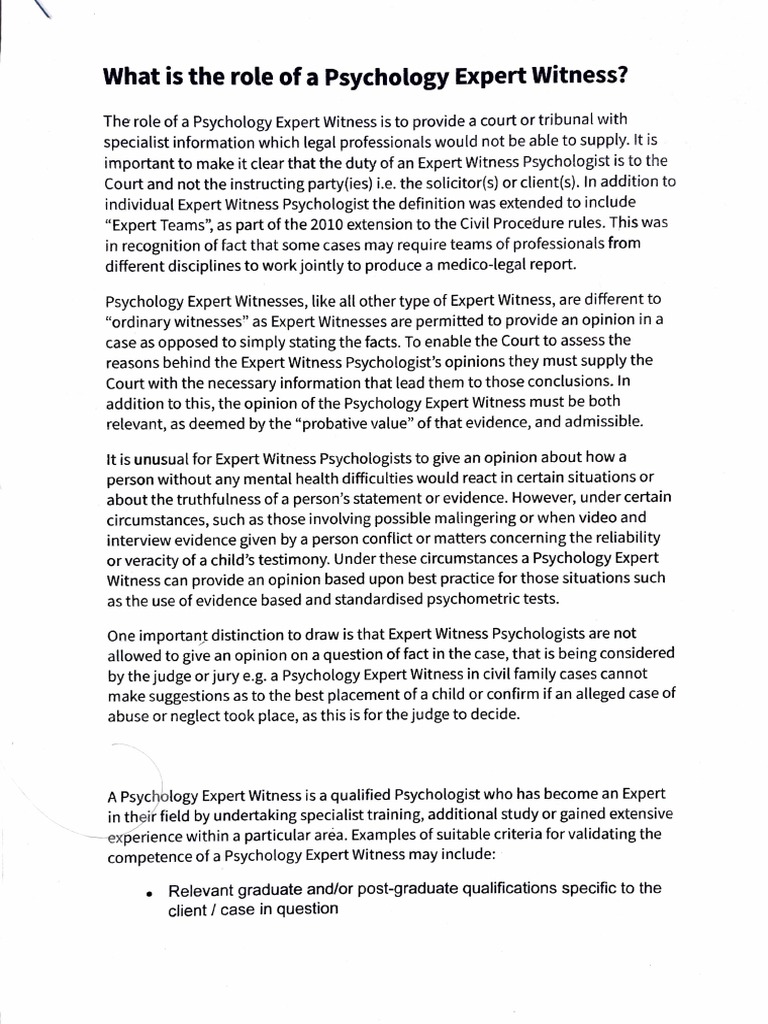 Role of Psychology Expert Witness PDF | PDF | Expert Witness | Ethical ...