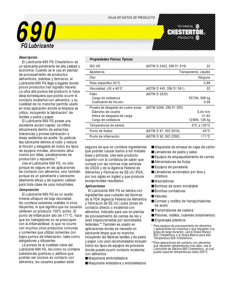 Ficha Tecnica Aceite 690 | PDF | Lubricante | Alimentos