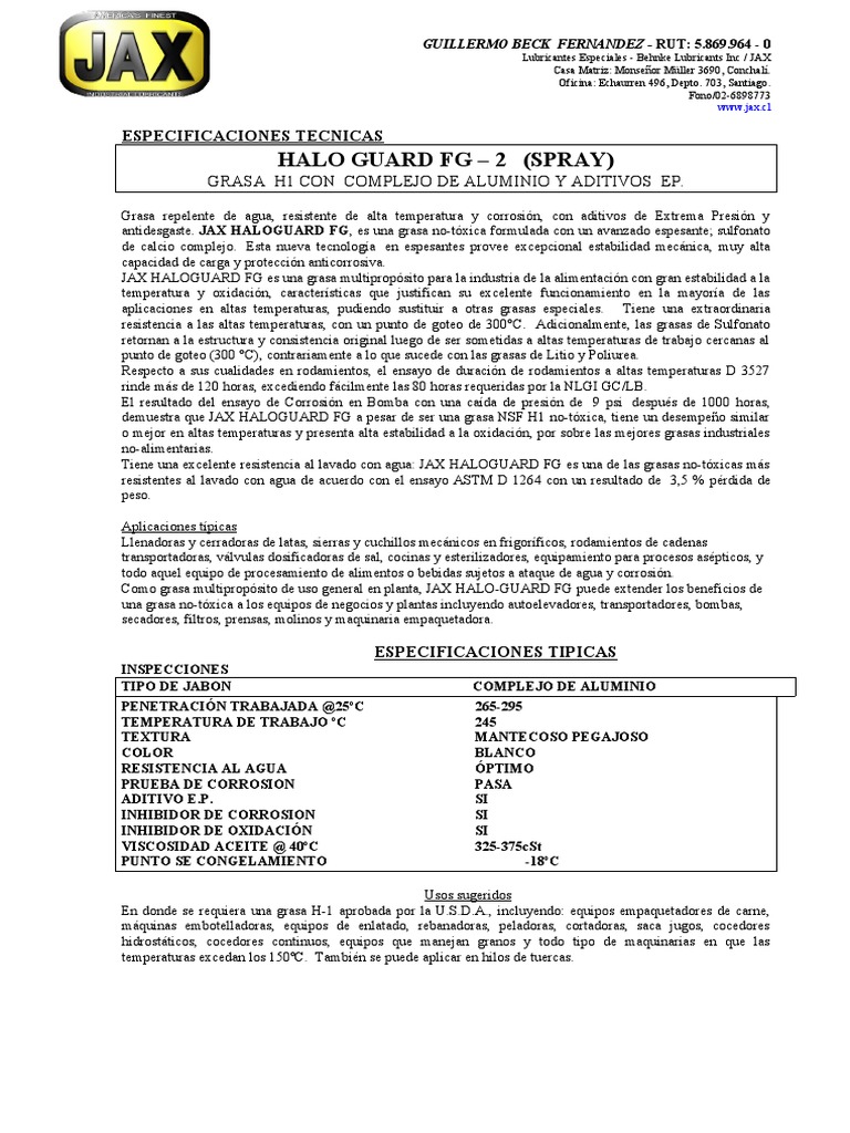 Grasa JAX Halo Guard FG-2 H1 | PDF | Química | Materiales
