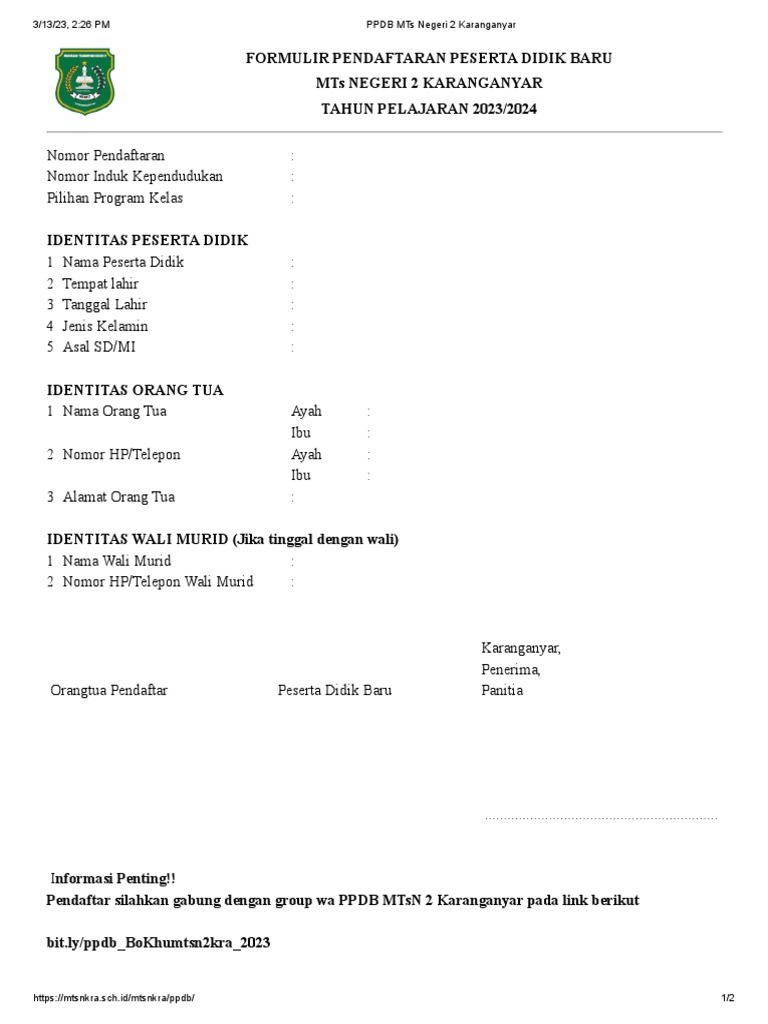 PPDB - MTs Negeri Karanganyar MTs Negeri 2 Karanganyar | PDF