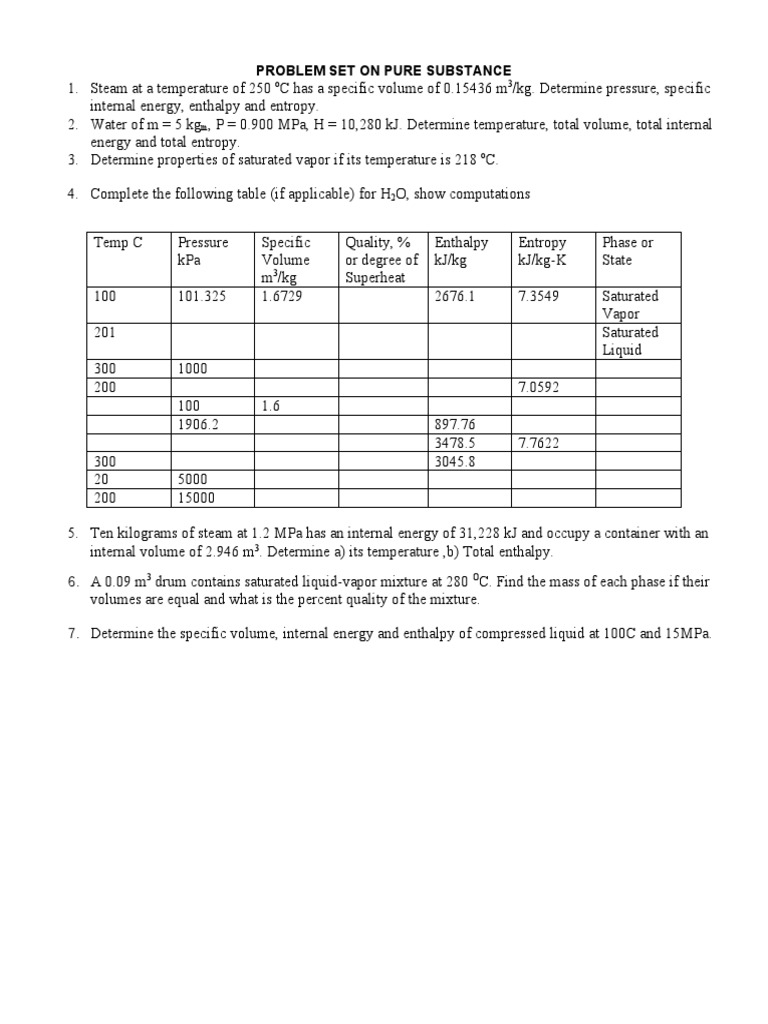 Pure Substance Problem Set Pdf