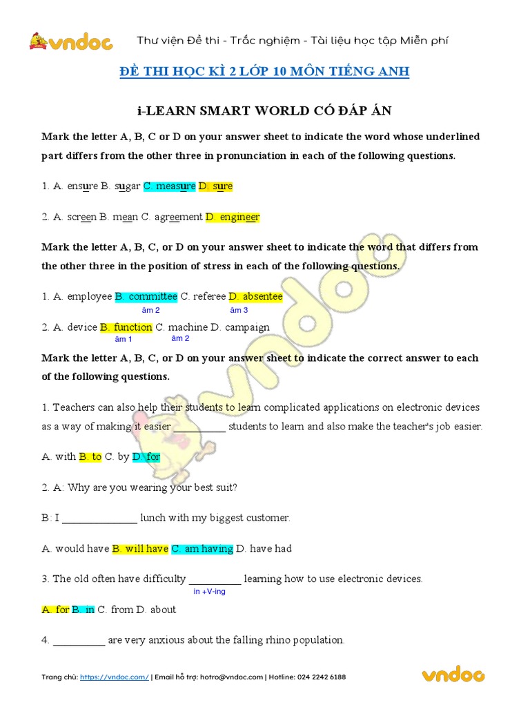 De Thi Tieng Anh Lop 10 Hoc Ki 2 I Learn Smart World So 1 | PDF
