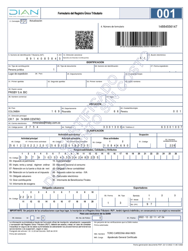 Rut Frisby Sa Bic 22 Dic 22 H1 | PDF | Impuestos