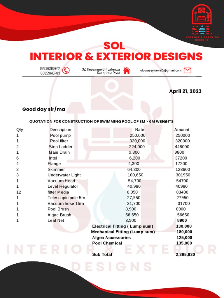Swimming Pool Construction Quotation | PDF