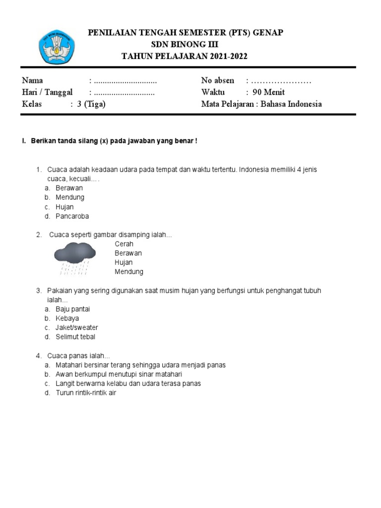 Soal PTS Kelas 3 B. Indo Genap | PDF | Kajian Bahasa Asing | Sains & Matematika