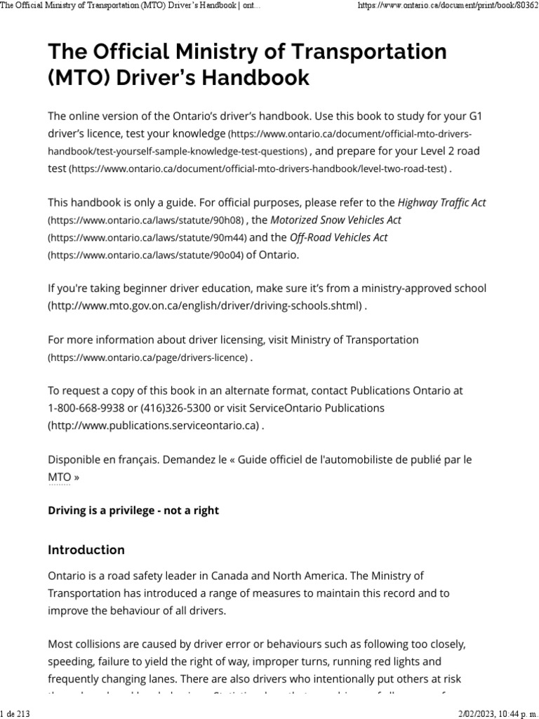 The Official Ministry of Transportation (MTO) Driver's Handbook Ontario ...