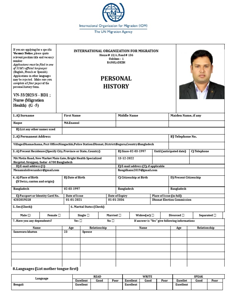 IOM Personal History for Nurse Position | PDF | Patient | Nursing