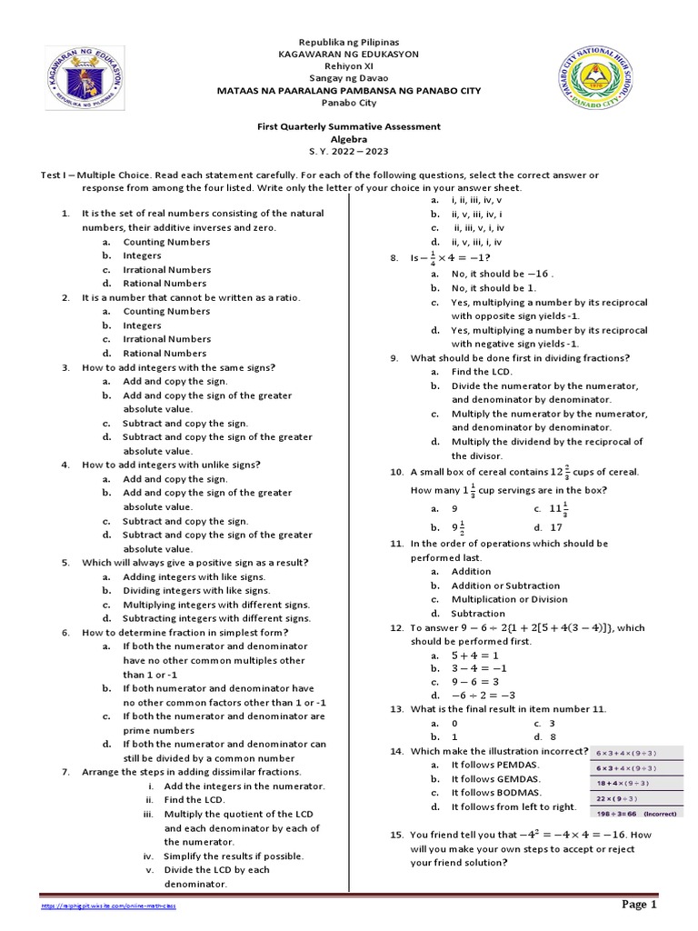 Algebra 1st Summative Assessment | PDF | Multiplication | Algebra