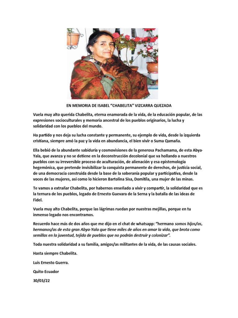 En Memoria de Isabel Chabelita Vizcarra Quezada | PDF
