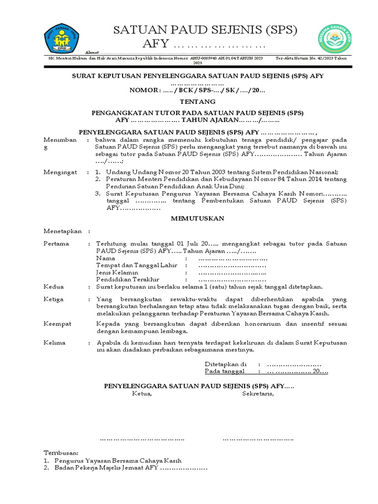Format SK Tutor PAUD | PDF