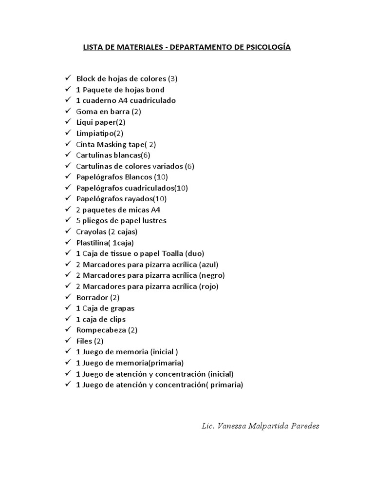Lista de Materiales Psicología | PDF