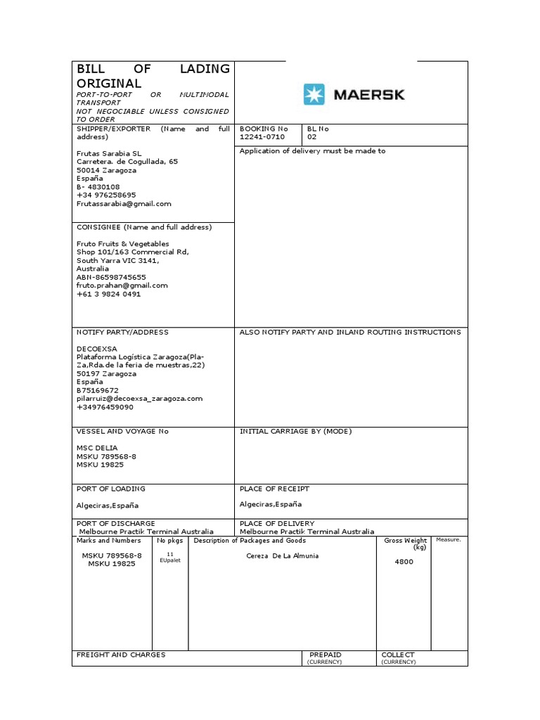 BL Editable Cereza | PDF | Cargo | Bill Of Lading