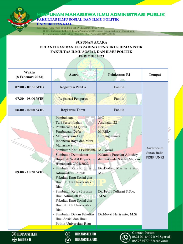 Rundown Acara Plan A Pelantikan HIMANISTIK 23 | PDF