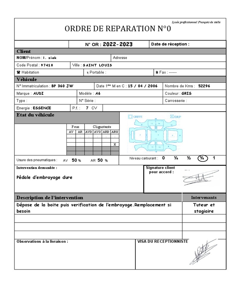 Ordre de réparation : embrayage Audi A6 | PDF | Embrayage | Véhicules à ...