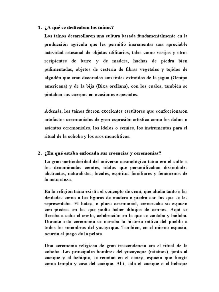 Vida y actividades de los taínos | PDF | Historia | Religión y ...