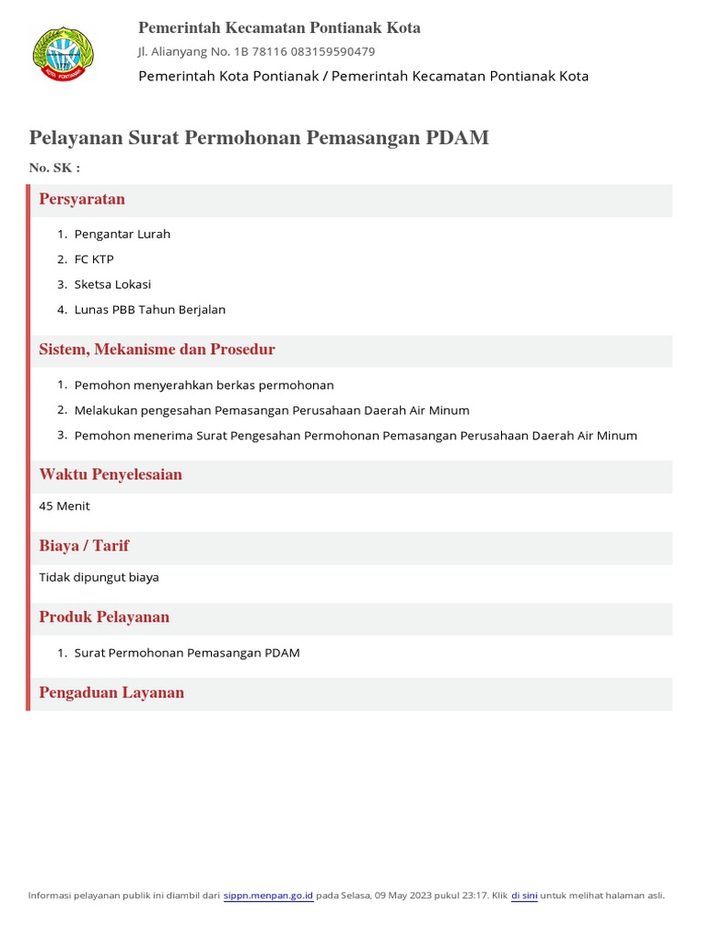 Unduh Standar Pelayanan - Pelayanan Surat Permohonan Pemasangan PDAM PDF | PDF