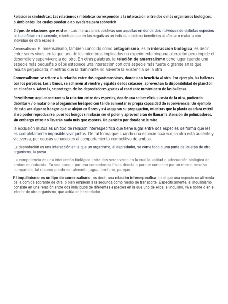 Tipos de relaciones simbióticas | PDF | Simbiosis | Depredación