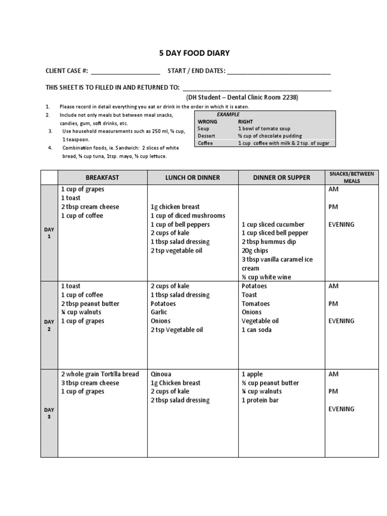 5 Day Food Diary | Download Free PDF | Meal | Foods