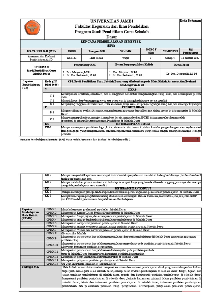 RPS Assesmen Dan Evaluasi Pembelajaran Di SD-revisi | PDF