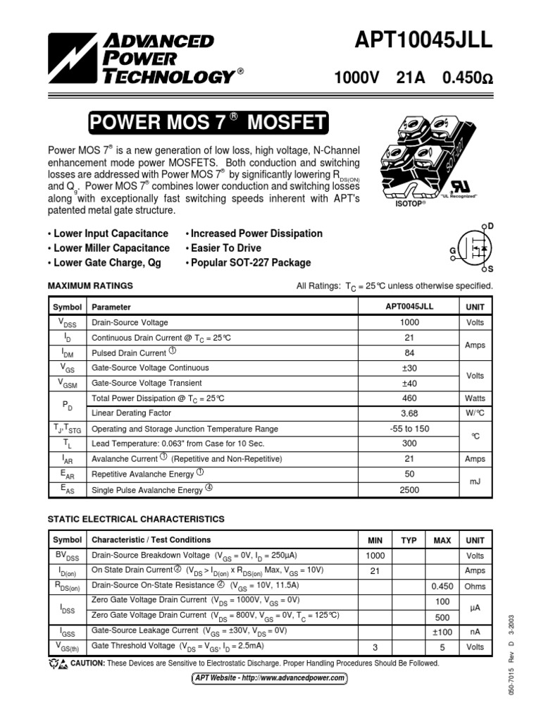 Microsemicorporation Apt10045jll Datasheets 2552 | PDF | Mosfet | Field Effect Transistor