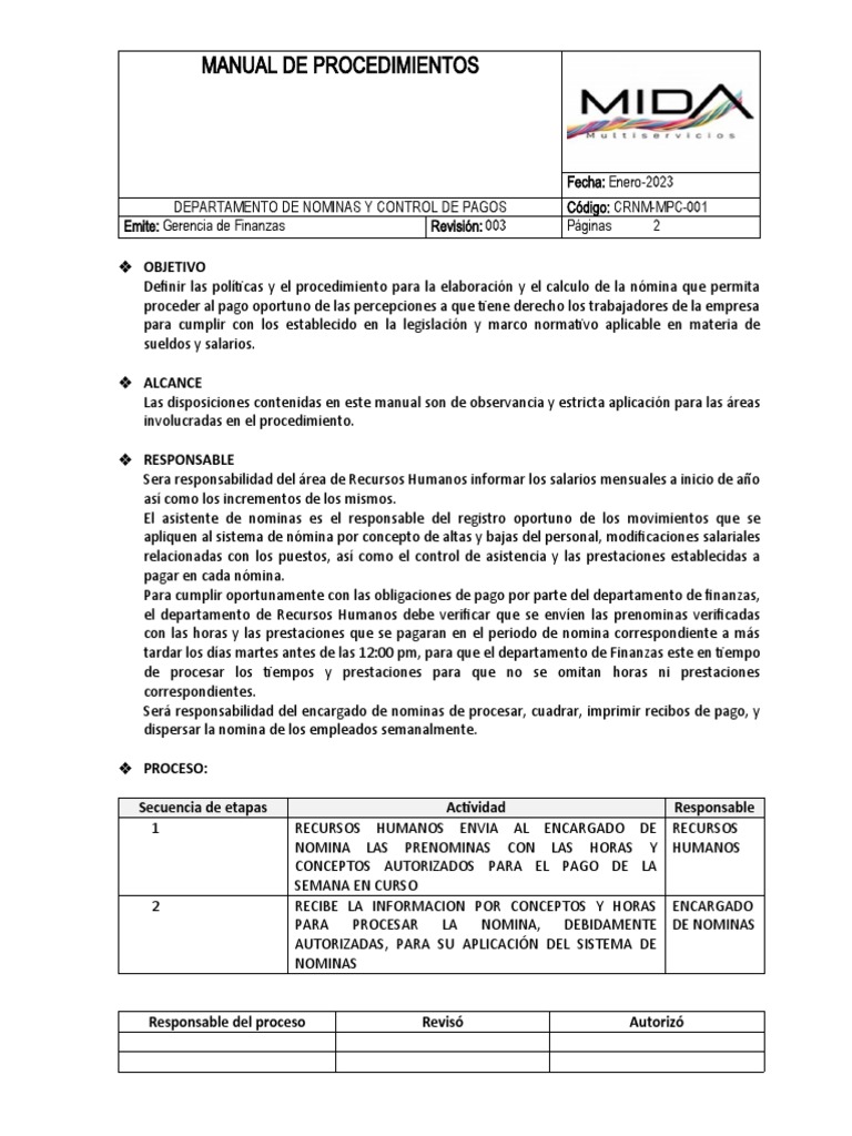 Formato de Manual de Procedimientos Nominas | PDF | Gestión de recursos ...