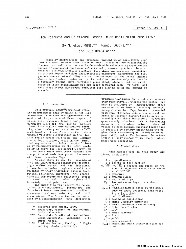 Flow Patterns and Frictional Losses in An Oscillating Pipe Flow | PDF