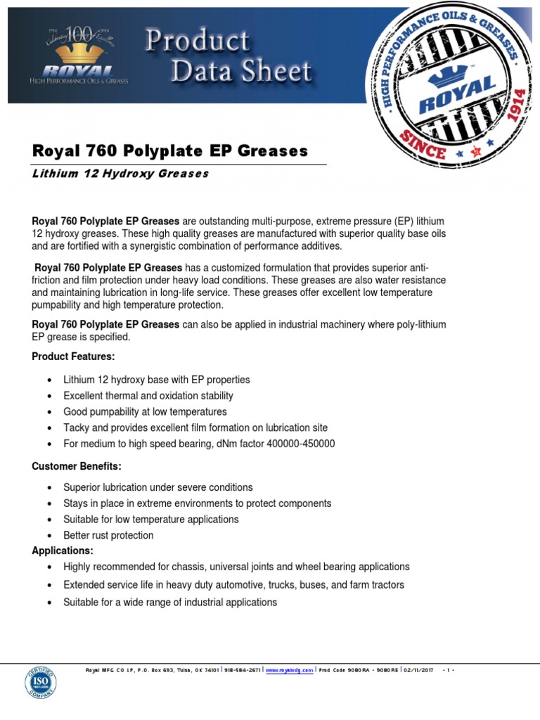 Royal 760 Polyplate EP Greases Overview | PDF | Secondary Sector Of The ...