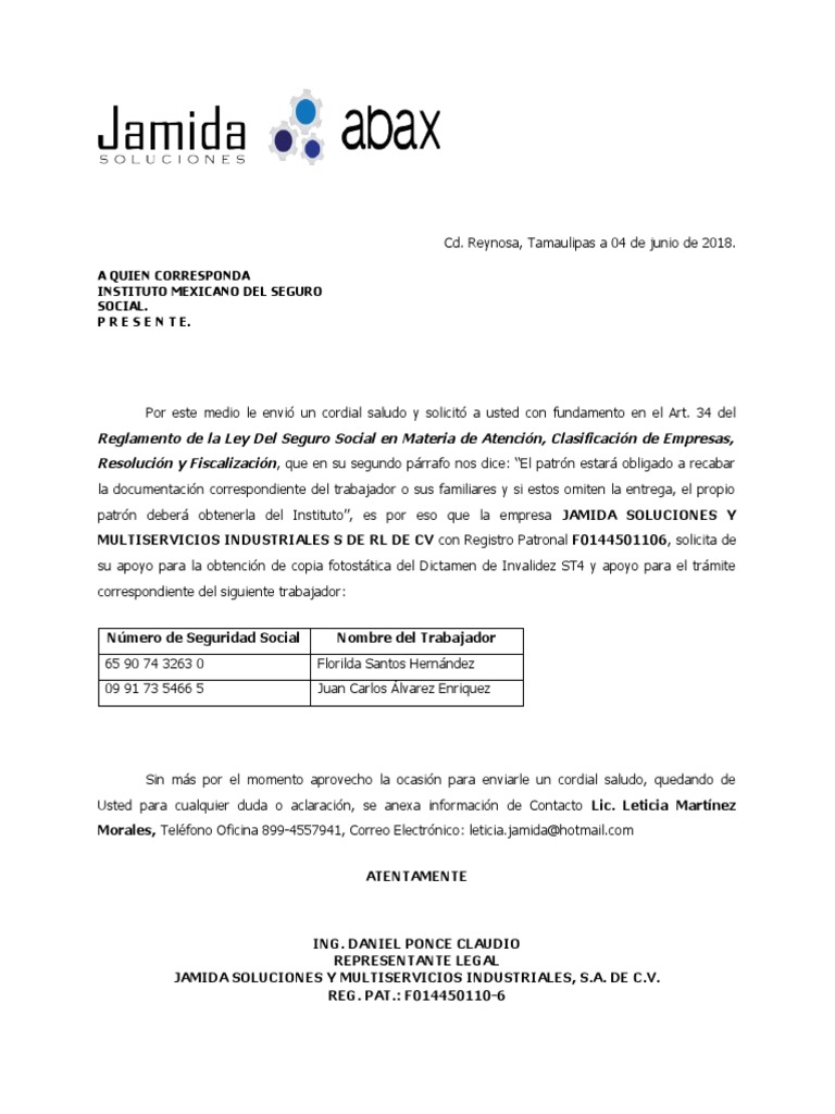 Oficio Imss Solicitud de ST4 | PDF