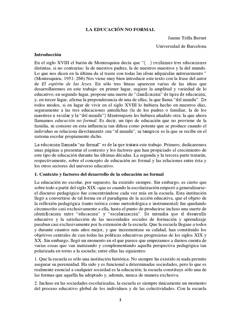 LA EDUCACIÓN NO FORMAL. Jaume Trilla Bernet | PDF