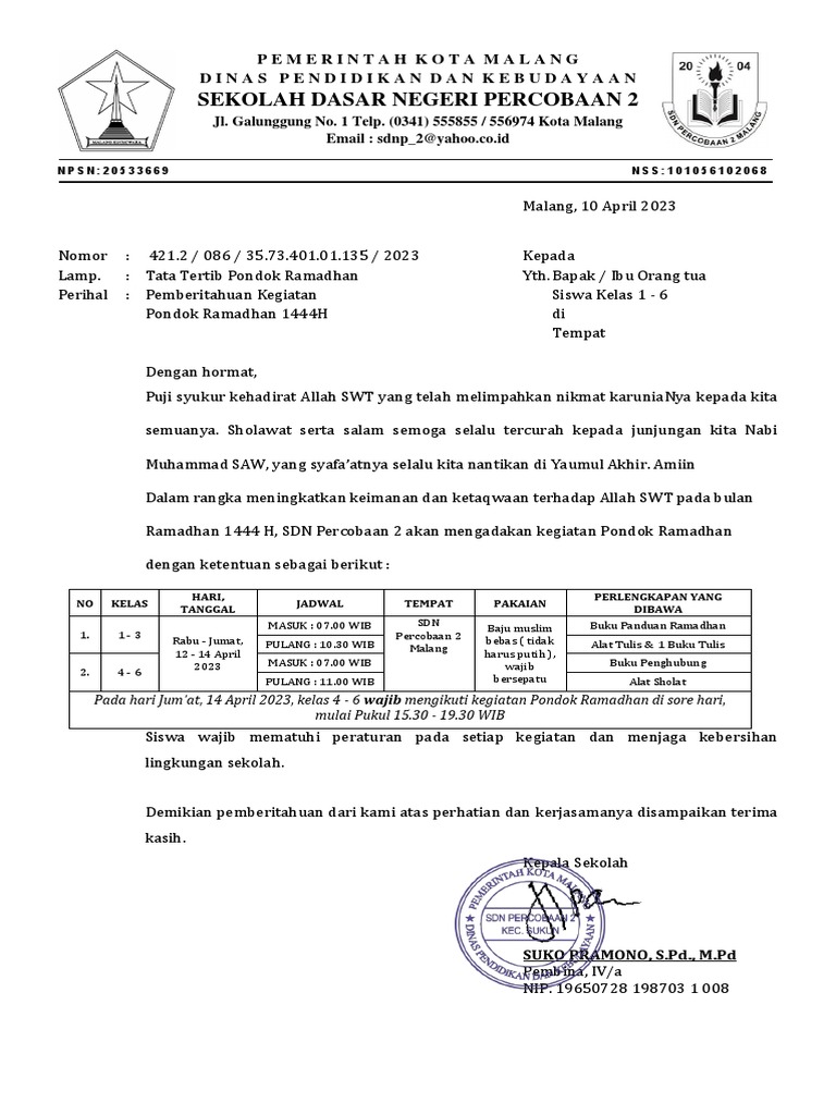 Surat Edaran Kegiatan Pondok Ramadhan 1444H PDF | PDF