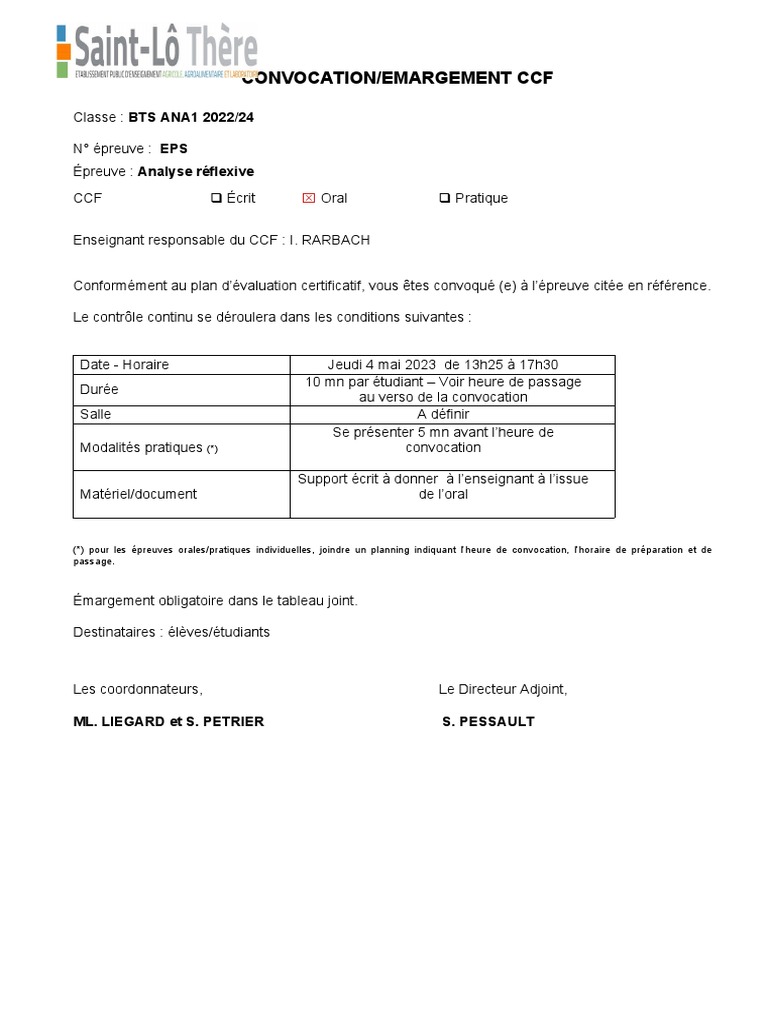 Convocation CCF EPS BTS 2022/2024 | PDF | Qualifications | Enseignement ...