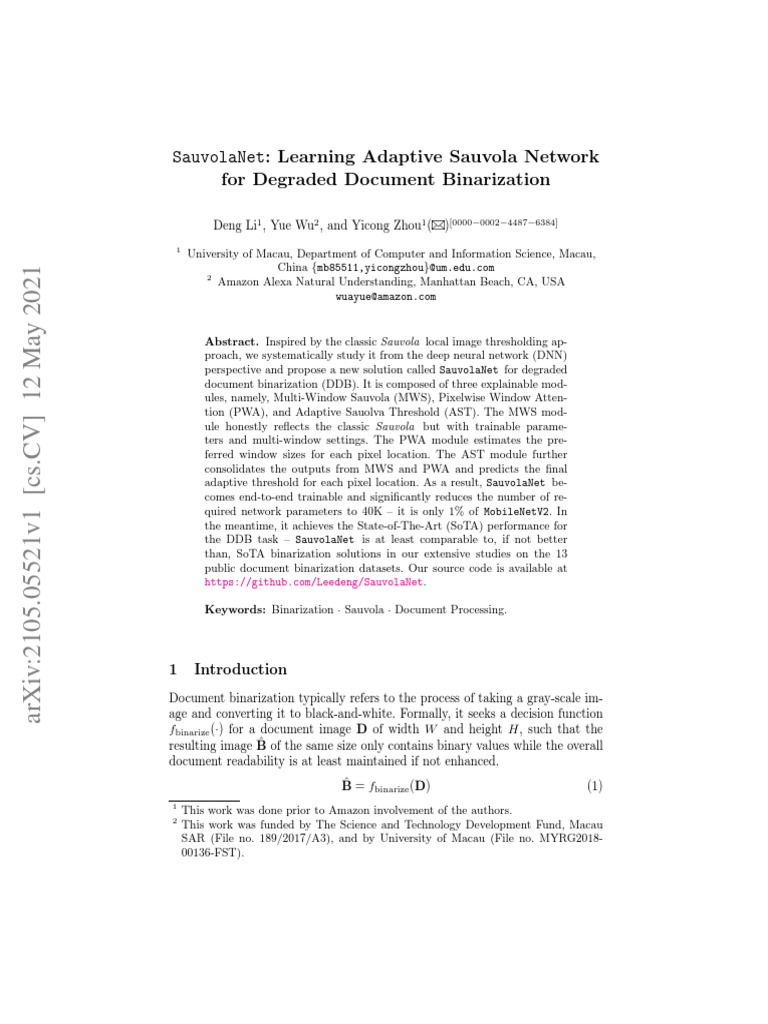 SauvolaNet Learning Adaptive Sauvola Network For Degraded Document Binarization PDF | PDF | Deep ...