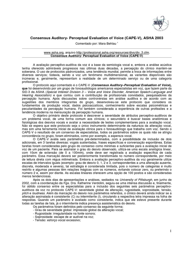 Protocolo CAPE-V para Avaliação Vocal | PDF | Percepção | Canto