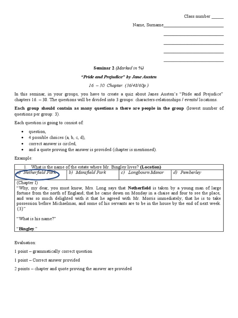 Creative task Pride and Prejudice 16. - 30. chapter | PDF