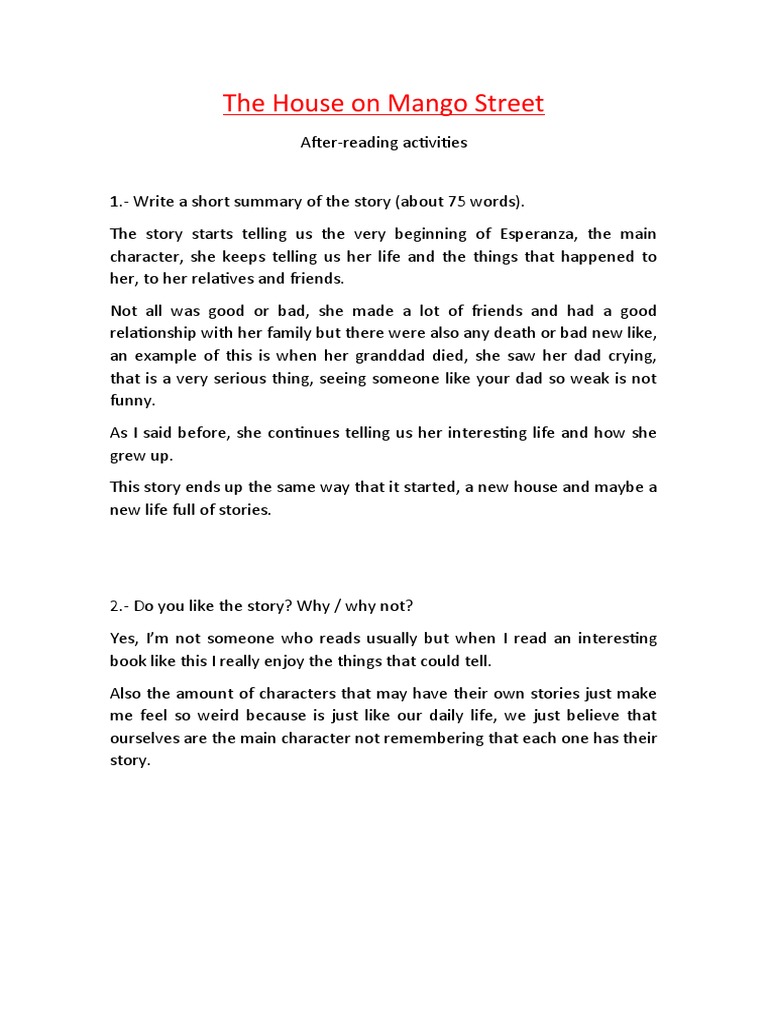 The House On Mango Street - Questions Leonardo Herrera Hincapié | PDF ...