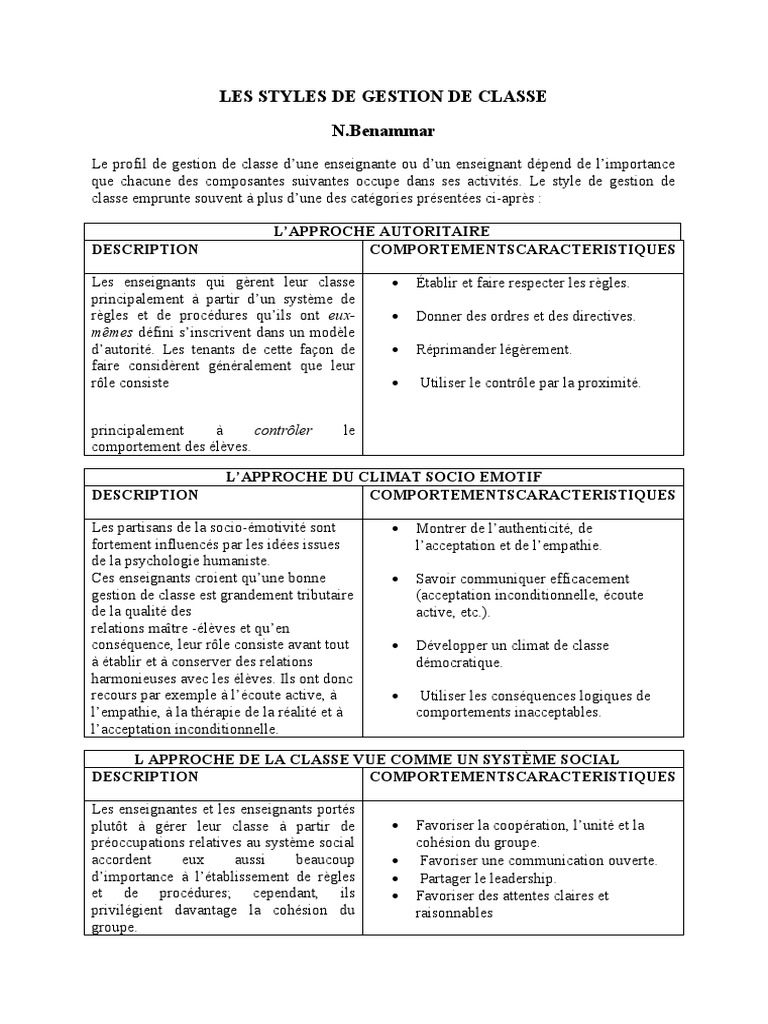 Les Styles de Gestion de Classe | PDF | Pédagogie | Planification