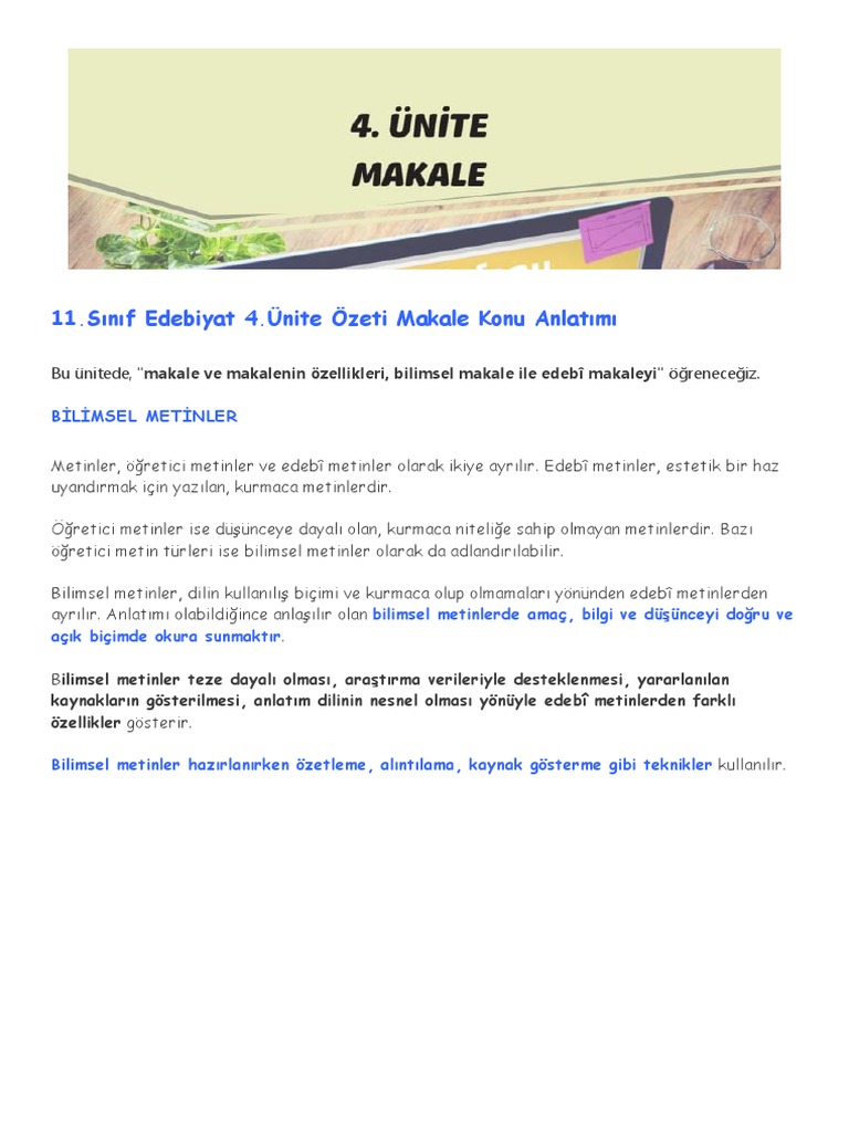 11.sinif Edebiyat 4. Unite Makale Konu Anlatimi PDF | PDF