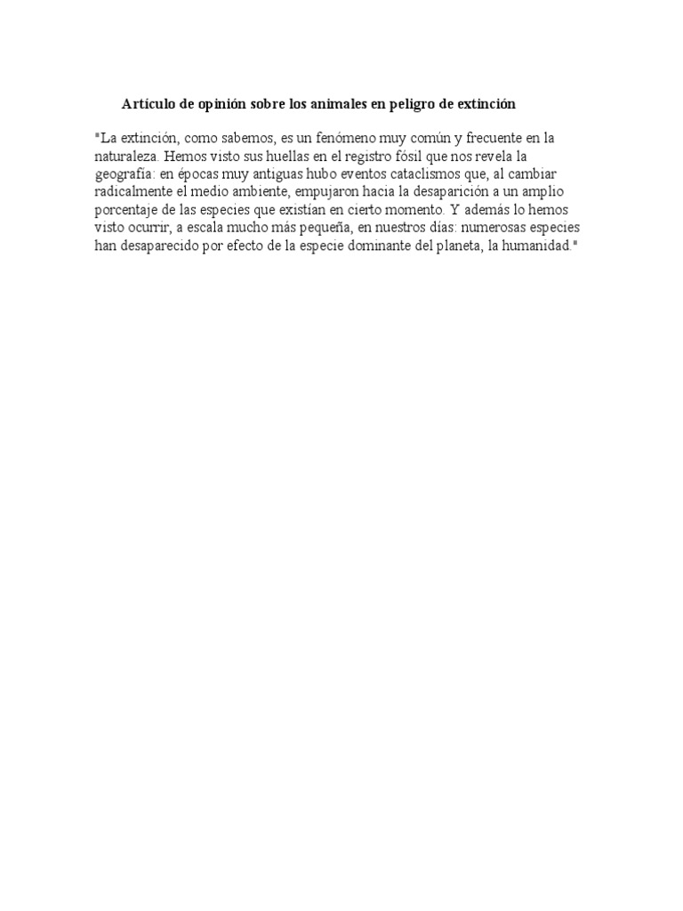 Artículo de Opinión Sobre Los Animales en Peligro de Extinción | PDF