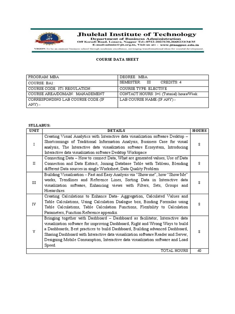 Course Data Sheet for BA1: Interactive Data Visualization and Analysis Using Tableau | PDF ...