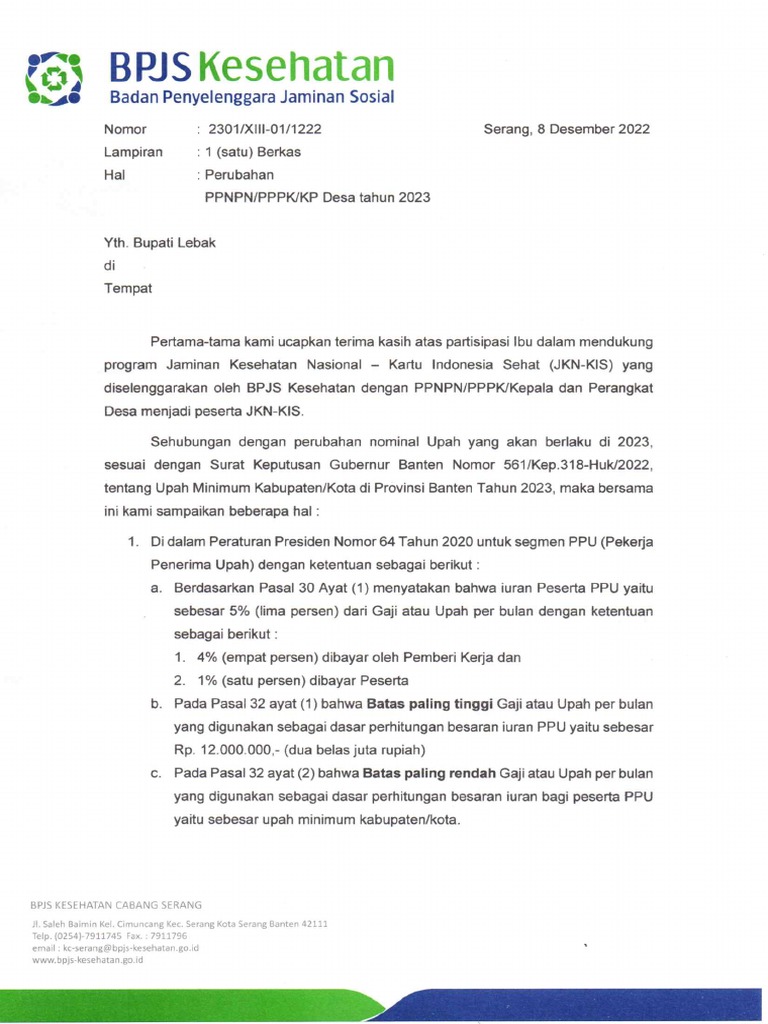 Surat Pemberitahuan Perubahan BPJS 2023 PDF | PDF