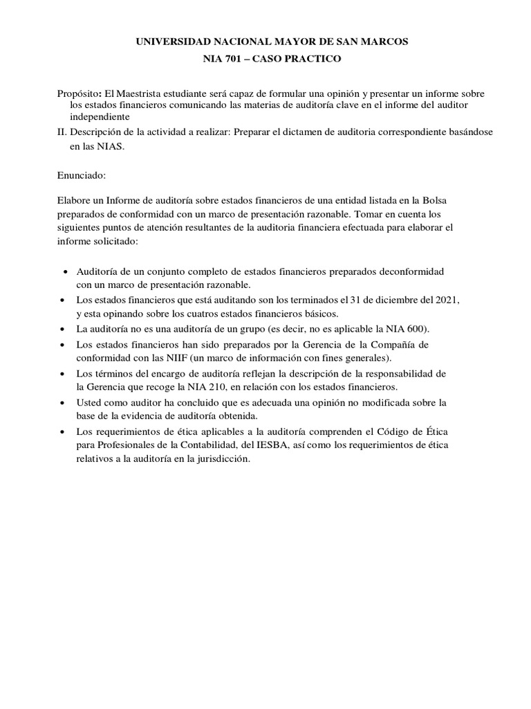 Caso Nia 701 | PDF | Auditoría | normas internacionales de INFORMACION ...