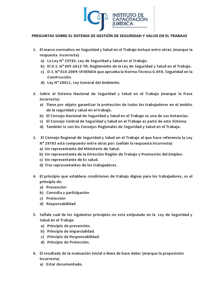 Preguntas sobre Seguridad y Salud Laboral | PDF | Seguridad y salud ...